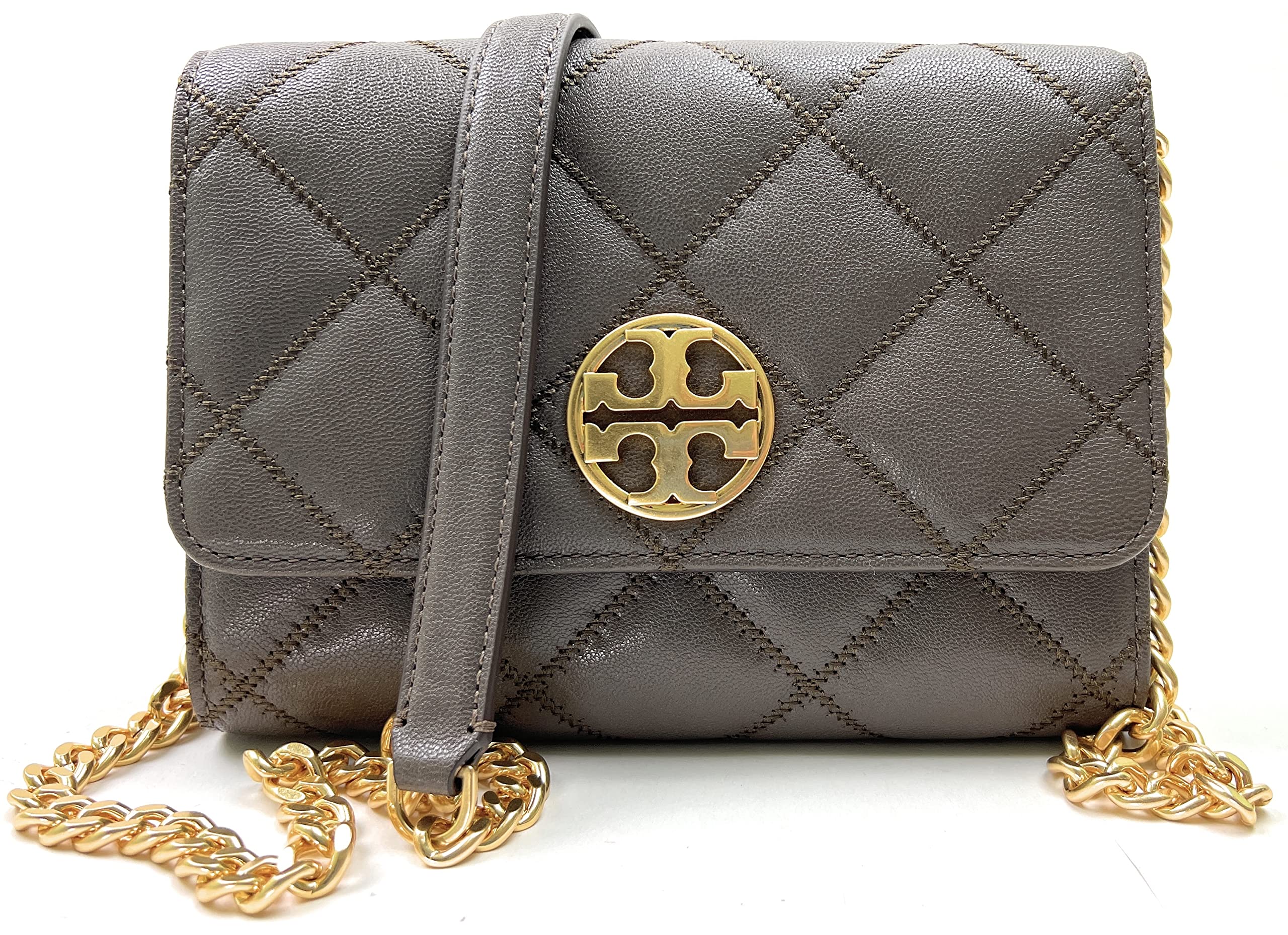 Tory Burch Willa Diamond Quilted Leather Women's Chain Wallet Crossbody Bag (Volcanic Stone)