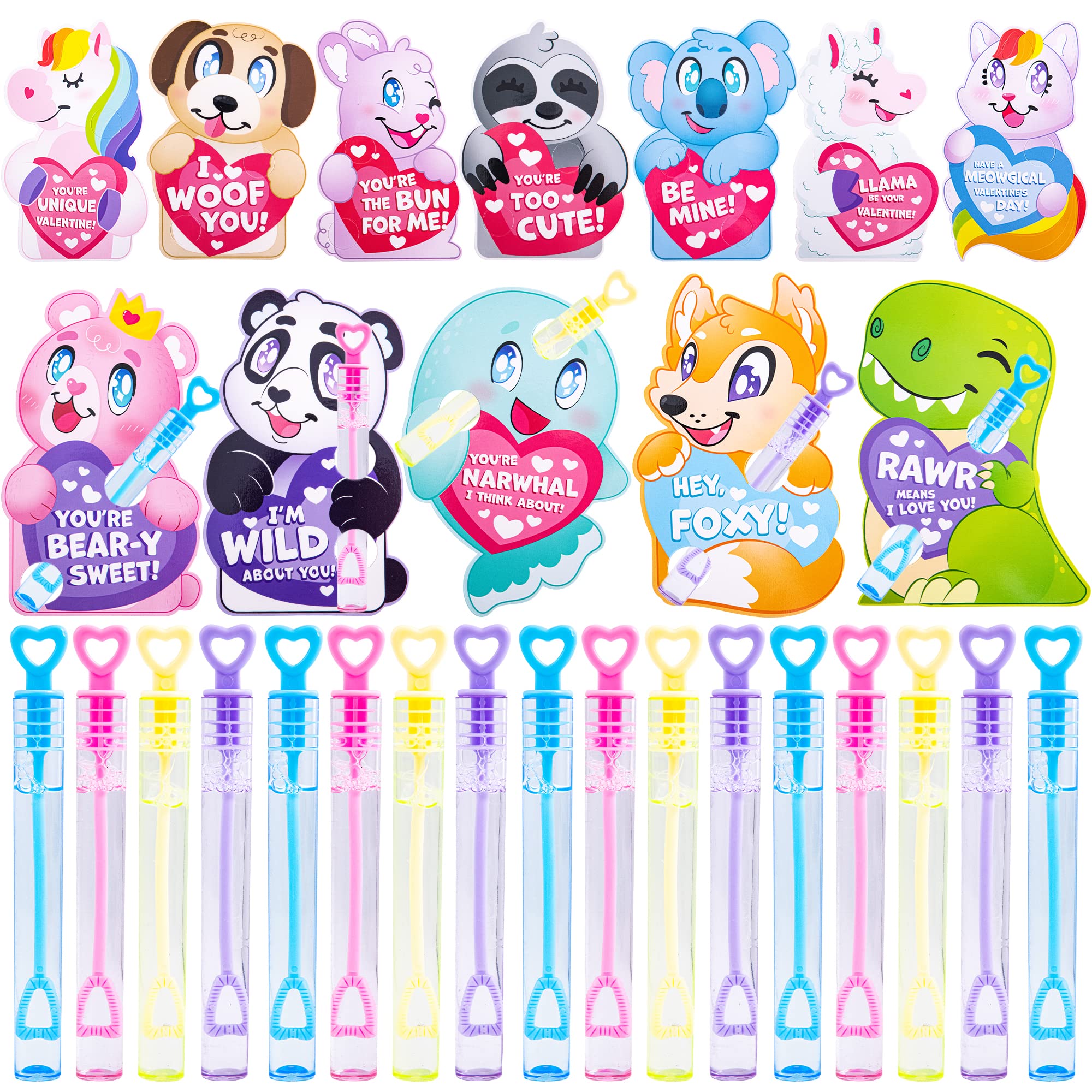 JOYIN 36 Packs Valentine's Day Gift Cards with Mini Bubble Maker Wands for for Kids Valentine Party Favor Toys, Valentine's Classroom Exchange, Game Prizes