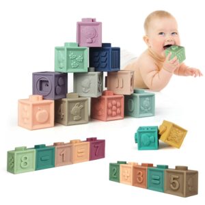 fruzon soft baby blocks 6 to 12 months, montessori sensory toys for babies 6-12 months, baby stacking building blocks, infant teething toys for babies toddlers, silicone blocks with numbers animals