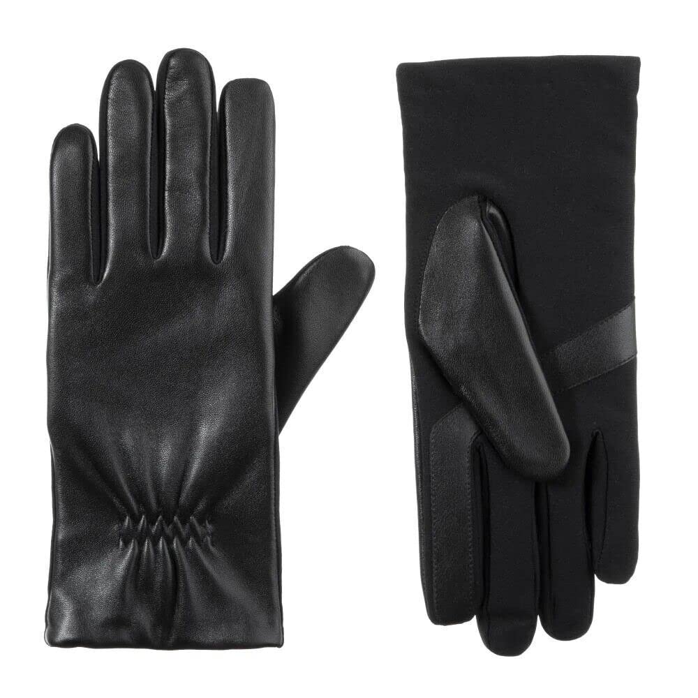 Isotoner Stretch Leather with Gathered Wrist Gloves - 30568 (Black, L/XL)