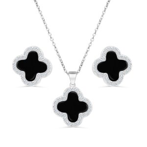 four leaf crystal clover necklace earring set for women 18k gold plated stainless steel cubic zirconia pendant 4 leaf lucky ear studs jewelry gift for mother and daughter (black silver set)