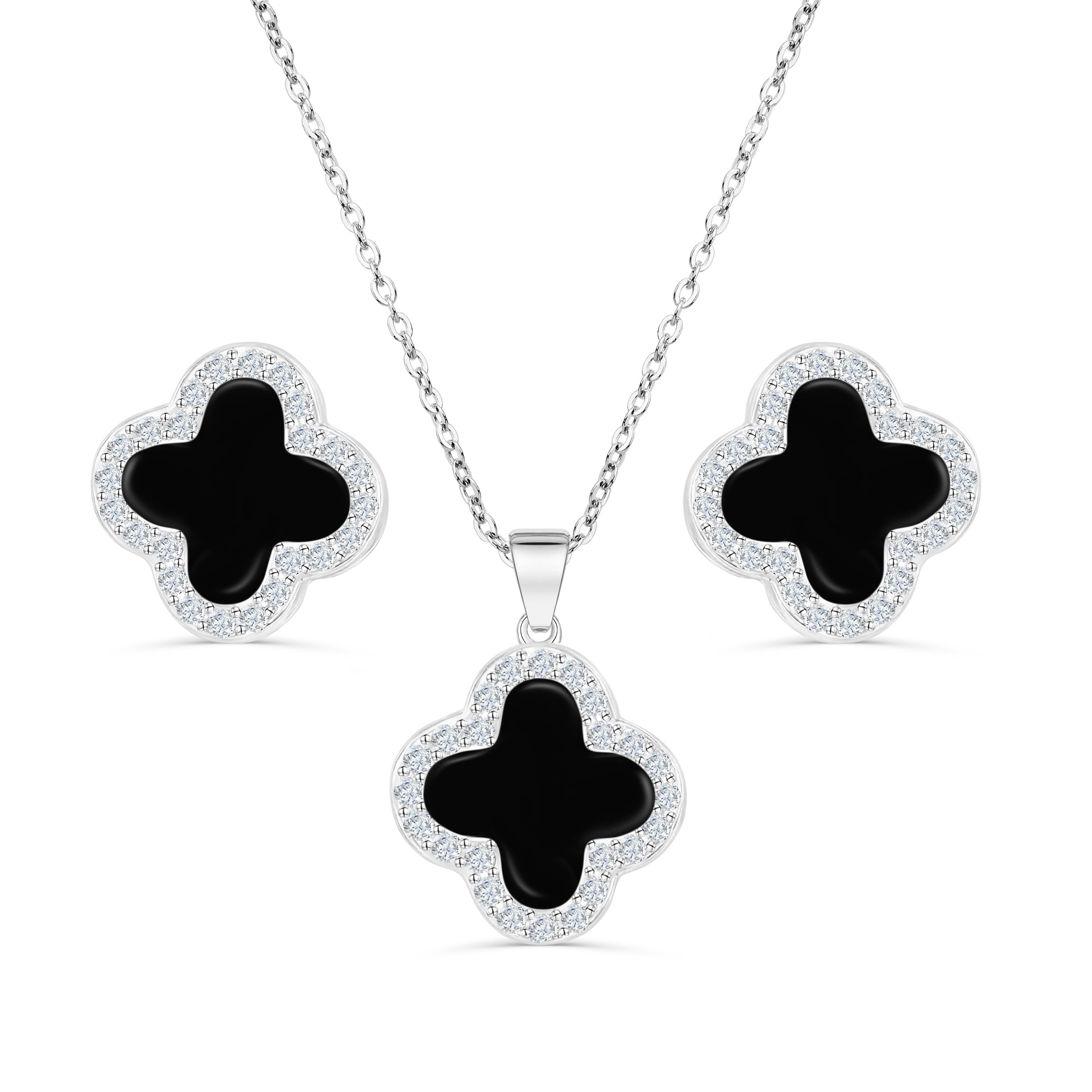 Four Leaf Crystal Clover Necklace Earring Set for Women 18K Gold Plated Stainless Steel Cubic Zirconia Pendant 4 Leaf Lucky Ear Studs Jewelry Gift for Mother and Daughter (Black Silver Set)