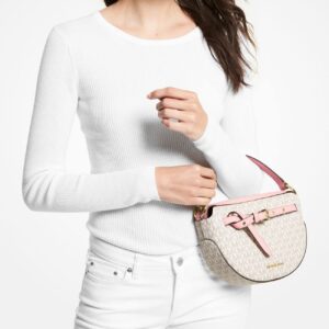 Michael Kors Emilia Half Moon Medium Shoulder Bag Logo Crossbody Vanilla Powder Blush