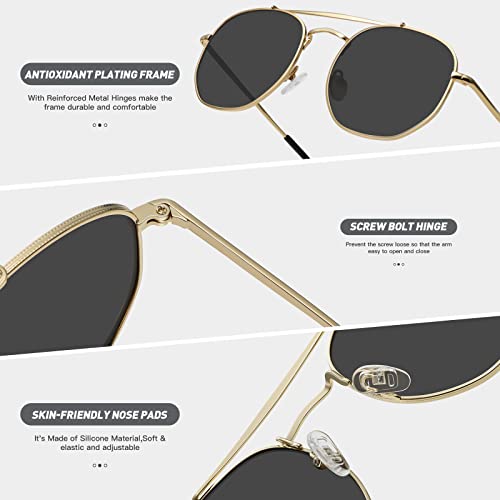 Fozono Hexagon Polarized Sunglasses for Women Men Double Bridge Polygon Retro Sunglasses(Gold/Grey)