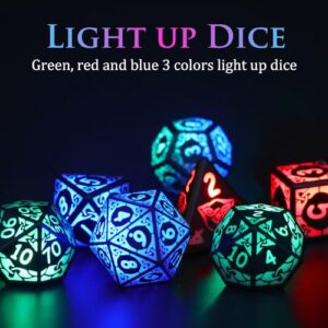 DND Dice Rechargeable with Charging Box, Light up Dice 7 PCS LED Electronic Dices, Dungeons and Dragons Dice Polyhedral Dice Sets for Tabletop Games ZHOORQI D&D Dice Role Playing Game (3 Color Light)