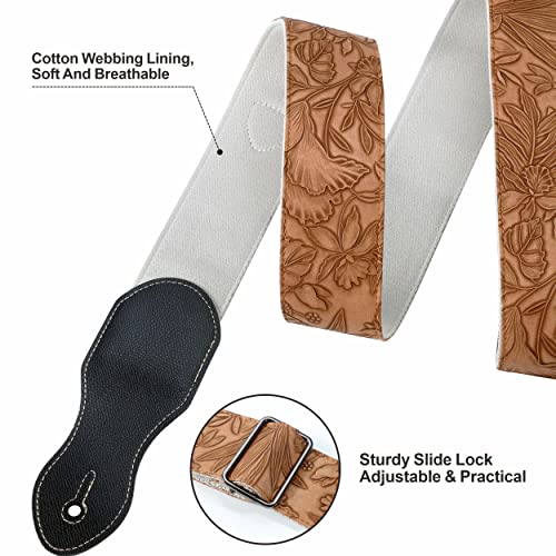 Nefelibata Guitar Strap with Pick Pocket,2.3 inch Porter Style Vegan Leather Carving Guitar Straps,60s Vintage Style（Brown Yellow）