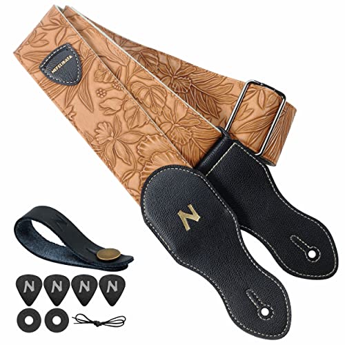 Nefelibata Guitar Strap with Pick Pocket,2.3 inch Porter Style Vegan Leather Carving Guitar Straps,60s Vintage Style（Brown Yellow）