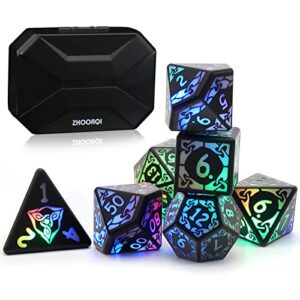 dnd dice rechargeable with charging box, light up dice 7 pcs led electronic dices, dungeons and dragons dice polyhedral dice sets for tabletop games zhoorqi d&d dice role playing game (3 color light)