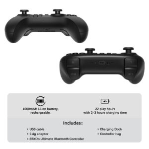 AKNES 8Bitdo Ultimate Bluetooth Controller with Charging Dock, Wireless Pro Controller with Hall Effect Sensing Joystick, Compatible with Nintendo Switch/Windows/Steam Deck - Black