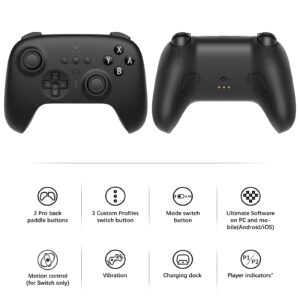 AKNES 8Bitdo Ultimate Bluetooth Controller with Charging Dock, Wireless Pro Controller with Hall Effect Sensing Joystick, Compatible with Nintendo Switch/Windows/Steam Deck - Black