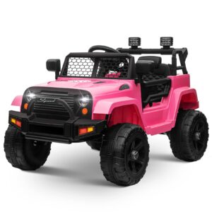 ottaro 12v kids ride on car truck,electric cars for kids w/parent remote control, spring suspension, led lights, safety belt(pink)