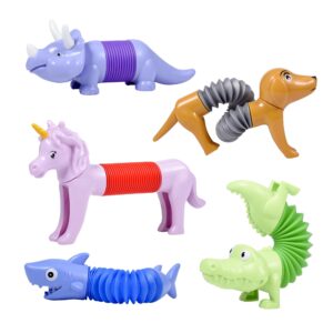 boxgear 5-pack pop tubes mixed animal fidget toys – sensory tubes for toddlers – cute animal sensory fidget toys for girls and boys – stress-relief pop sound spring toddler sensory toys