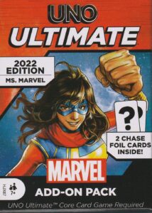 uno ultimate marvel card game add-on pack with ms. marvel character deck & 2 collectible foil cards