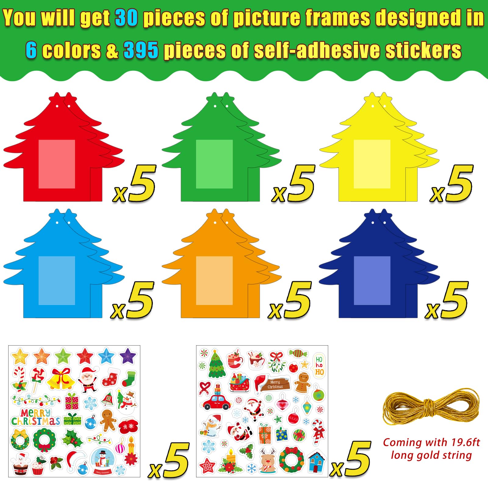 Kepeel 30 Packs Christmas DIY Picture Frames Craft Kit for Kids, Christmas Tree Photo Frames Ornaments for Xmas Winter Holiday Decorations Favor Art Gift Classroom School Home Activities