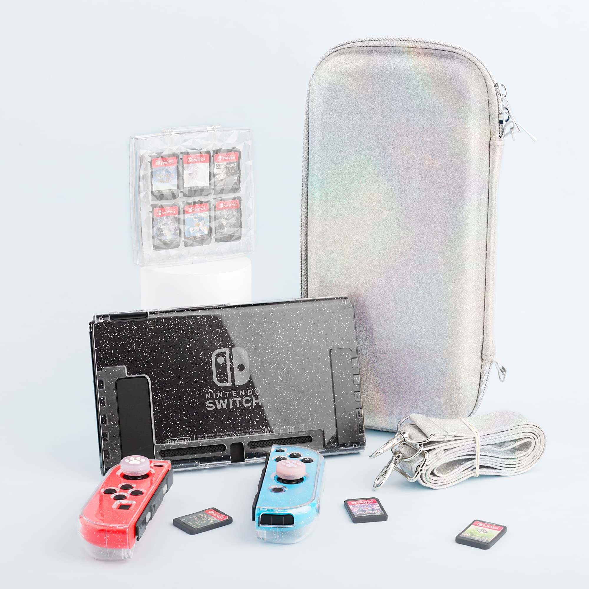 FANPL Glitter Case bundle for Nintendo Switch Accessories, Rainbow Sparkle Carrying Case for Switch and Joy Con Controller with Hard Protective Case and Screen protector, 2 Thumb Grips, Shoulder Strap