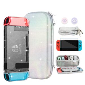 fanpl glitter case bundle for nintendo switch accessories, rainbow sparkle carrying case for switch and joy con controller with hard protective case and screen protector, 2 thumb grips, shoulder strap