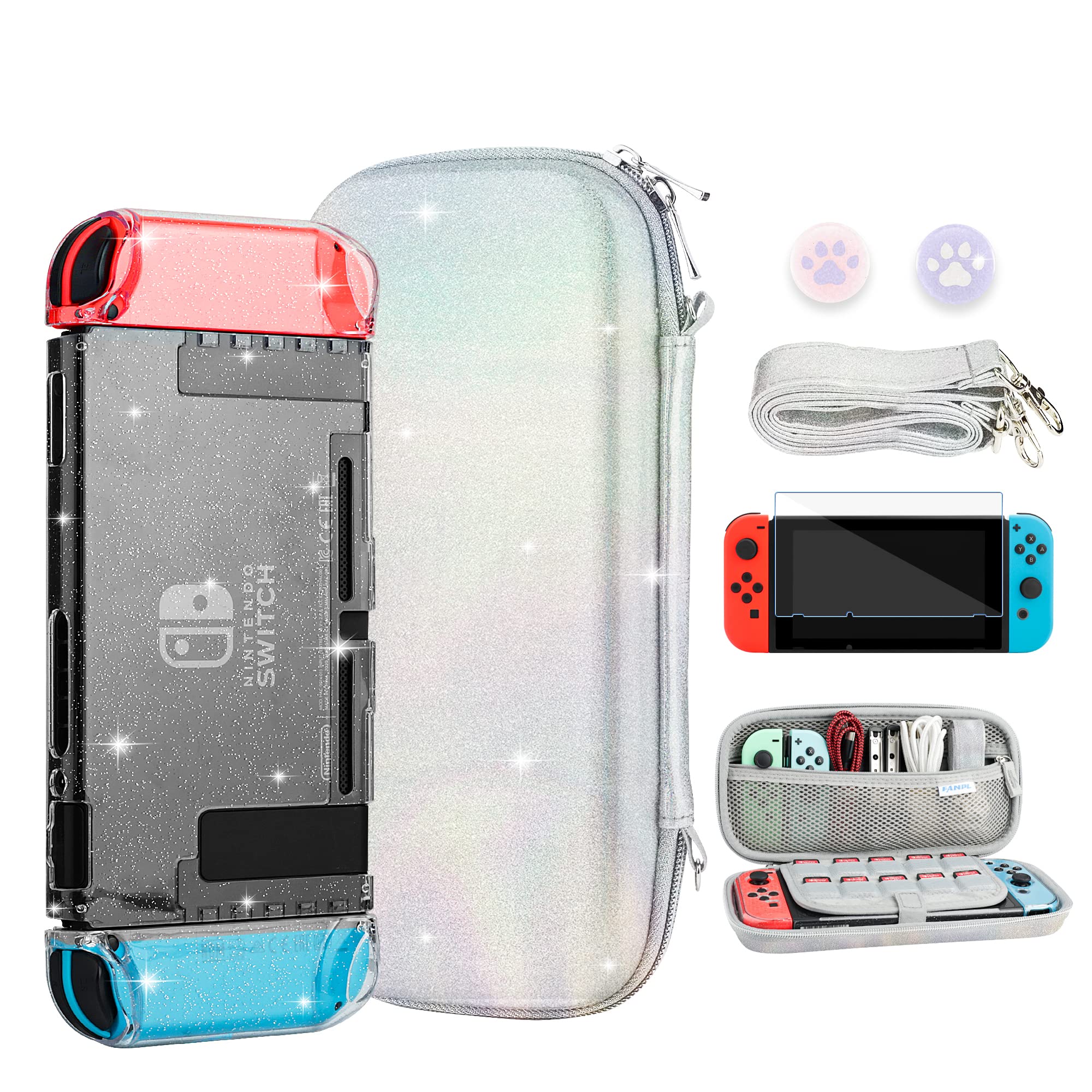 FANPL Glitter Case bundle for Nintendo Switch Accessories, Rainbow Sparkle Carrying Case for Switch and Joy Con Controller with Hard Protective Case and Screen protector, 2 Thumb Grips, Shoulder Strap