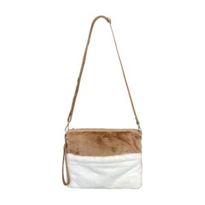 two toned faux fur crossbody bag - wristlet purse, fluffy fuzzy shoulder handbag for women - zippered furry clutch with adjustable & removable strap - camel/cream