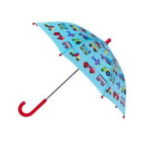 wildkin kids umbrella for boys & girls, features rainproof canopy and curved handle for easy hanging, wrap around hook and loop closure umbrella for kids (trains, planes & trucks)