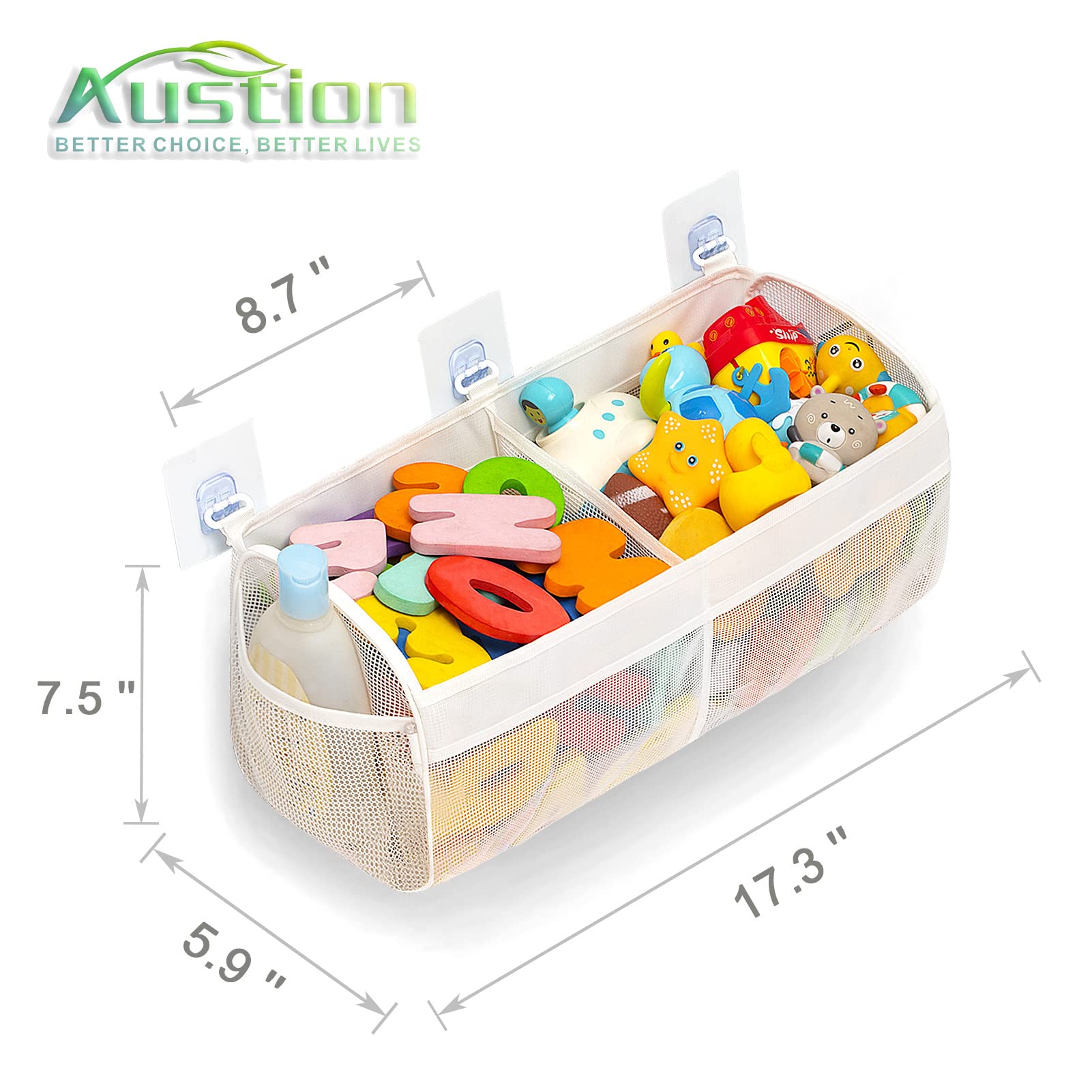 Austion Original Two Compartment Easy-access Mesh Bath Toy Organizer for Bath Tub with Large Openings Quick Drying Cute Toddler Bath Toy Storage Holder for Baby