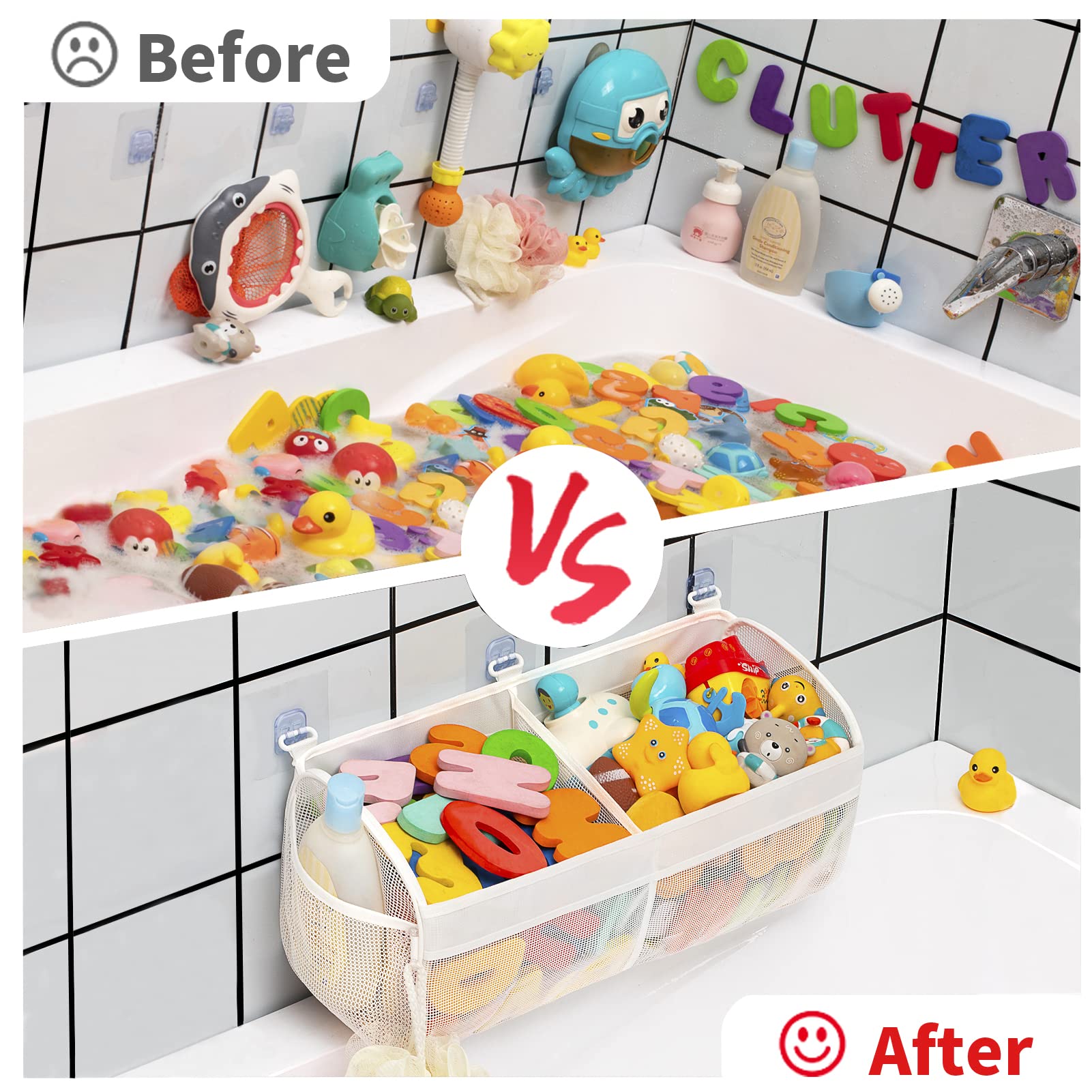 Austion Original Two Compartment Easy-access Mesh Bath Toy Organizer for Bath Tub with Large Openings Quick Drying Cute Toddler Bath Toy Storage Holder for Baby