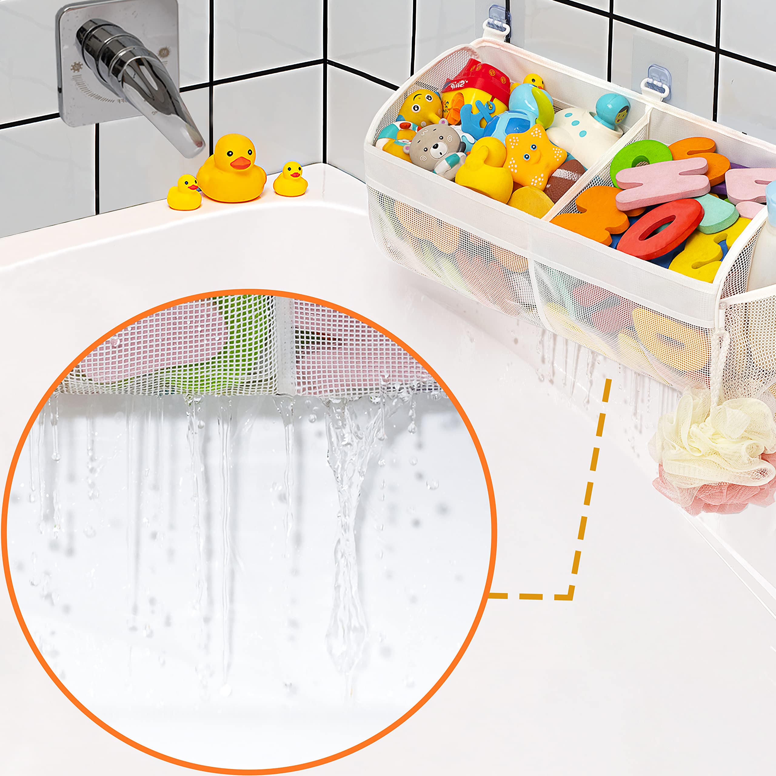 Austion Original Two Compartment Easy-access Mesh Bath Toy Organizer for Bath Tub with Large Openings Quick Drying Cute Toddler Bath Toy Storage Holder for Baby