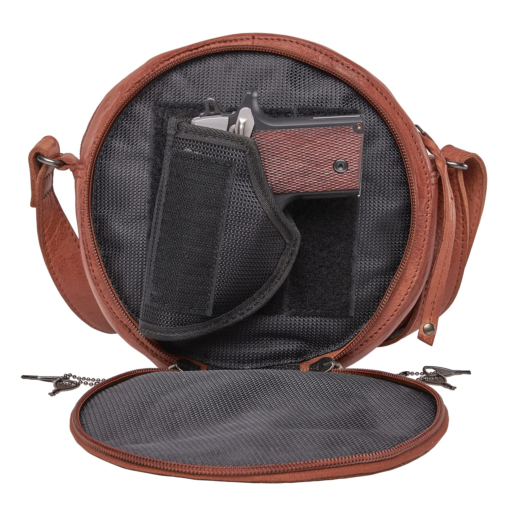 Locking Concealed Carry Mia Leather Crossbody Purse for Handgun with Universal Holster (Cognac)