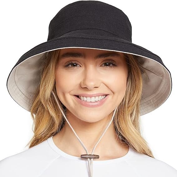 Solbari Holiday Sun Hat - UPF50+ Reversible, Foldable & Packable UV Sun Protection Hat with Full Coverage Brim and Adjustable Drawcord, Black/Beige, Small-Medium