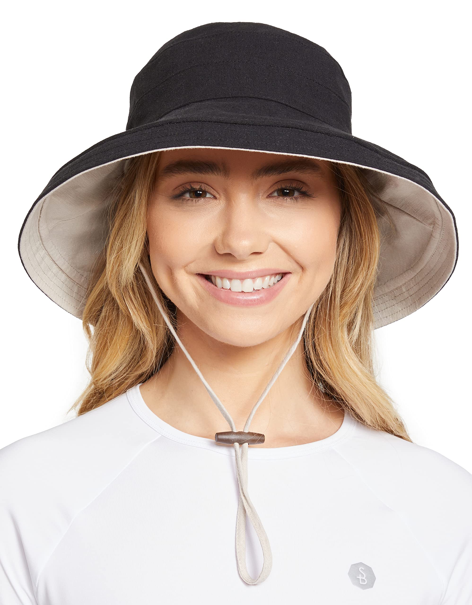 Solbari Holiday Sun Hat - UPF50+ Reversible, Foldable & Packable UV Sun Protection Hat with Full Coverage Brim and Adjustable Drawcord, Black/Beige, Small-Medium