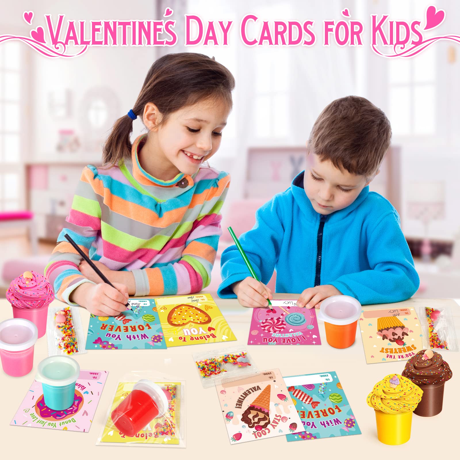 Valentines Day Cards for Kids- 24 set of Butter Slime with Valentine's Day Card Bulk, School Classroom Valentine's Gifts Exchange, Valentine's Party Favors for Kids, Valentine's Prizes