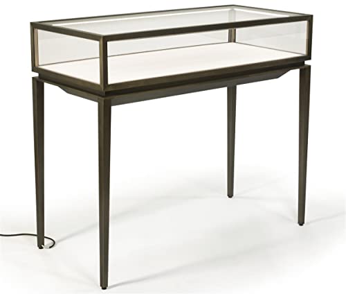 Displays2go Locking Display Table w/Rear Drawer, Stainless Steel Frame, LED Lights - Bronze (FSCSTLF7)