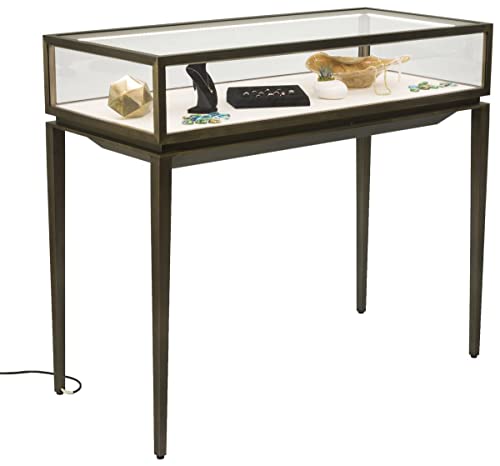 Displays2go Locking Display Table w/Rear Drawer, Stainless Steel Frame, LED Lights - Bronze (FSCSTLF7)