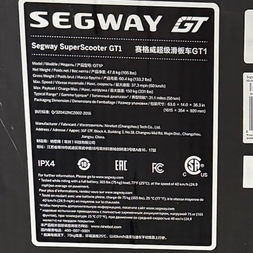 Segway SuperScooter GT1P, 3000W Power, 37.3MPH Max Speed, 43.5 Miles, 11 Inches Anti-Puncture Tubeless Tires, Folable, UL-2272 Certified