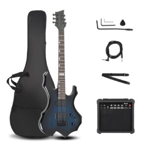 ktaxon flame design electric guitar, 36-inch beginner electric guitar kit with 20 watt amp, tremolo bar, portable bag, shoulder strap, cable & wrench tool (blue)