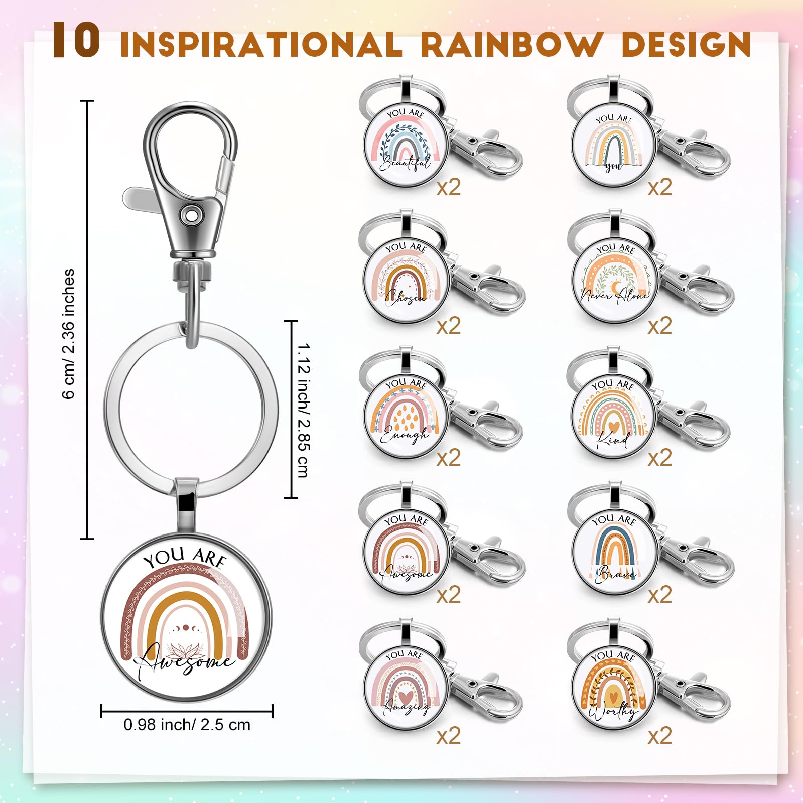 Roowest 20 Pcs Inspirational Gifts Rainbow Keychain Bulk Employee Appreciation Gifts Motivational Quote Key Ring for Women Team Nurse Coworkers