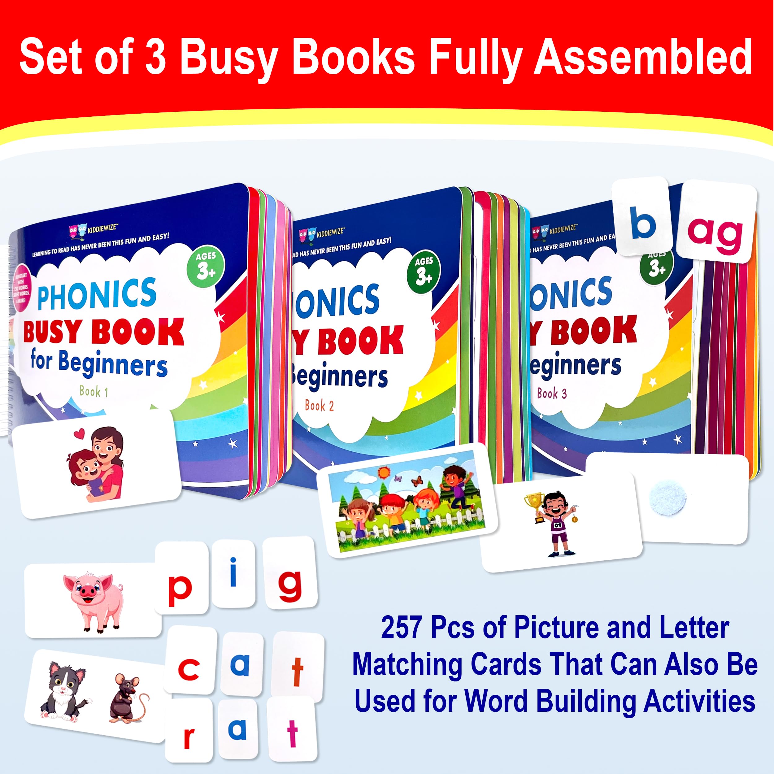 KIDDIEWIZE Learn to Read Phonics Busy Book for Beginning Readers, Montessori-Inspired Set of 3 Books for Kids Ages 3 4 5 6 7 8, 60 Learning Activities, Read in 4 Weeks with CVC Words and Sight Words