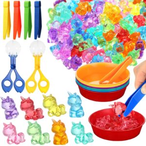 leitee 62 pcs fine motor toys counting sorting sensory bin filler, 50 unicorn acrylic beads 4 tweezers 2 scissors clips 6 cups for boys girls early education and sorting counting training development