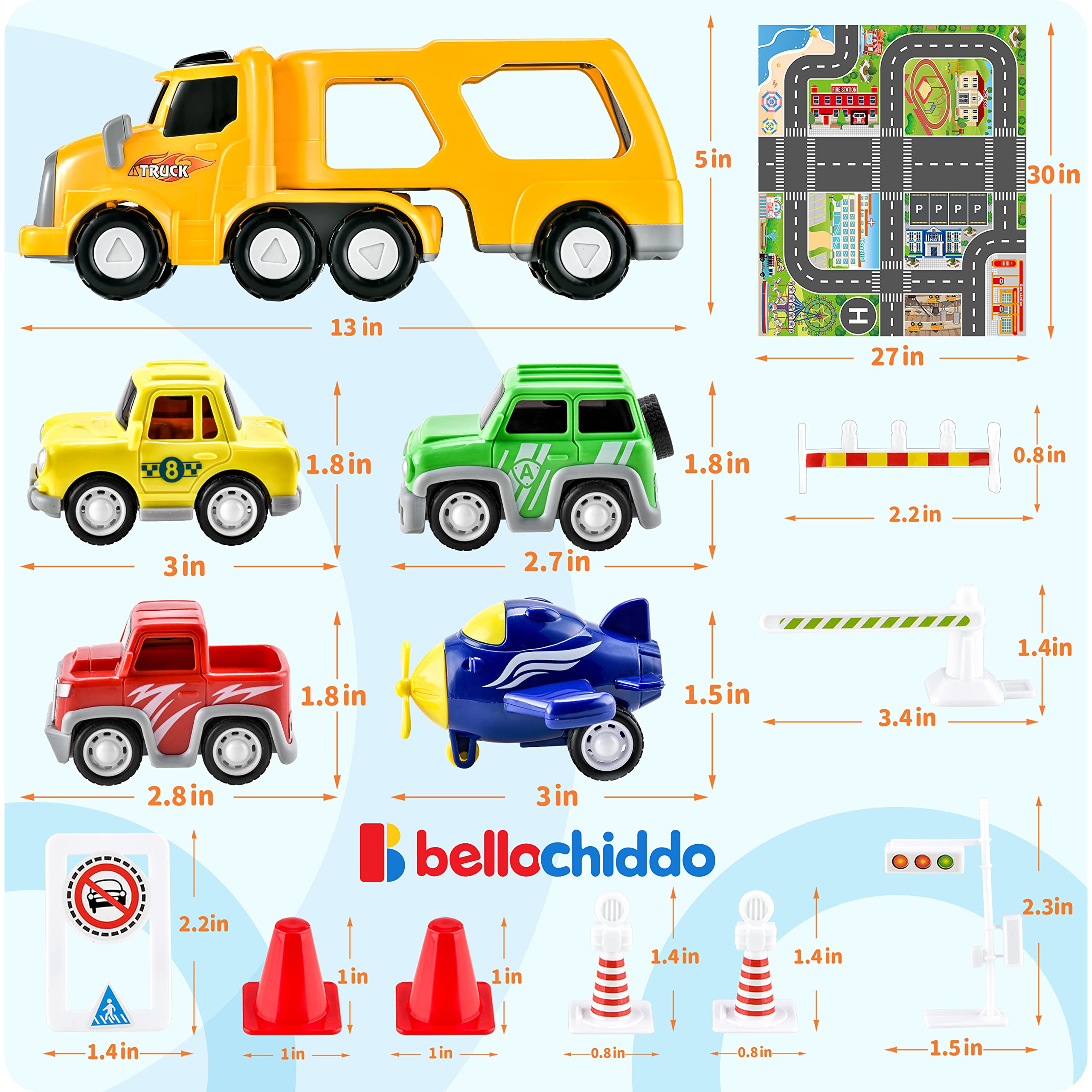 BELLOCHIDDO Toddler Toys Car for 2 3 4 5 6 Year Old Boys - STEM Educational Construction VehicleToys with Play Map - Transport Carrier Truck for Kids with Light Sound, Gift Car Toys for Toddlers 1-3