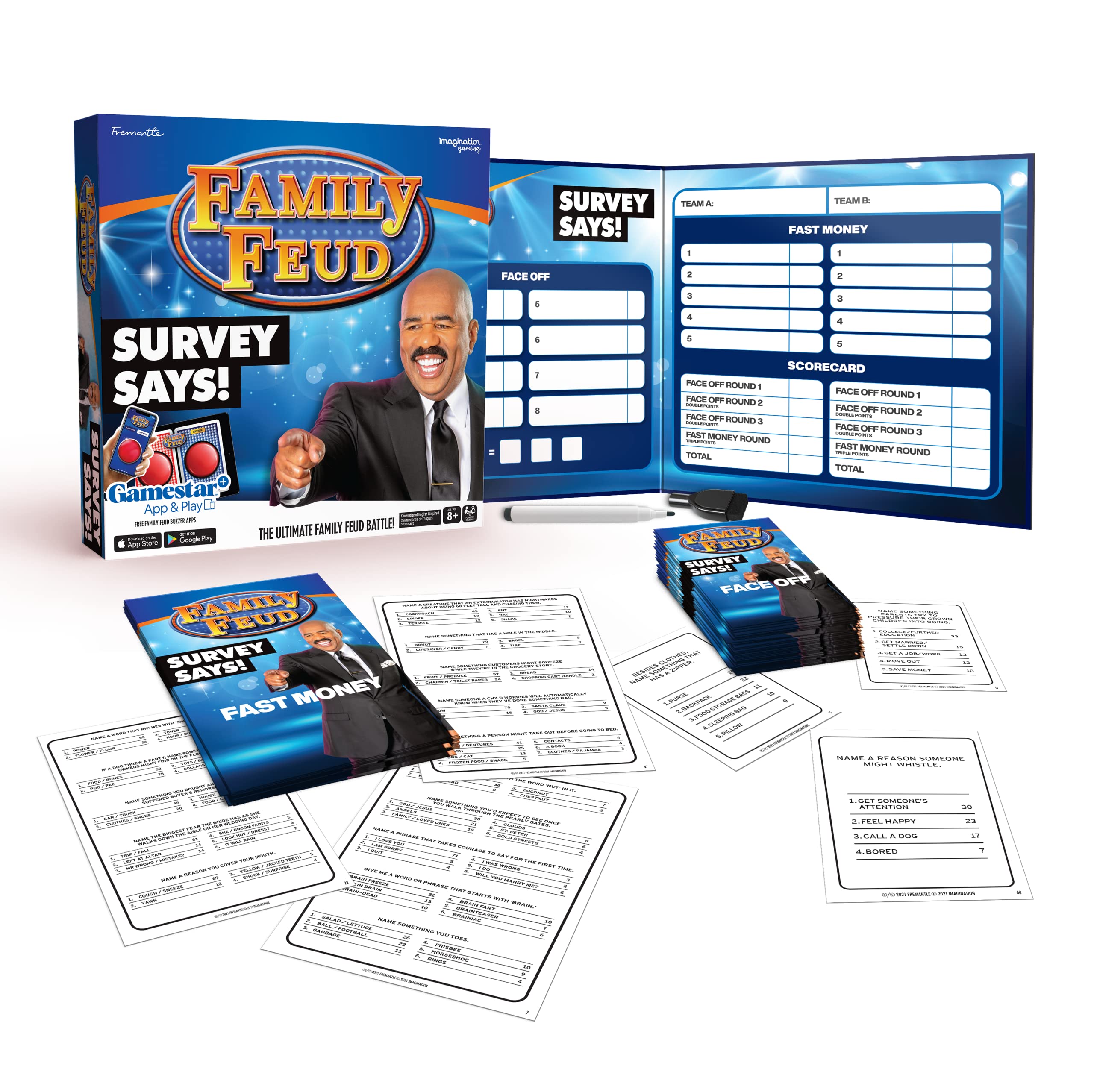 Family FEUD Survey Says Edition Card Game, Complete with Hundreds of Questions, 150 Question Cards, 50 Fast Money Cards, Complementary App with Sound Effects from The Show For 3 Players