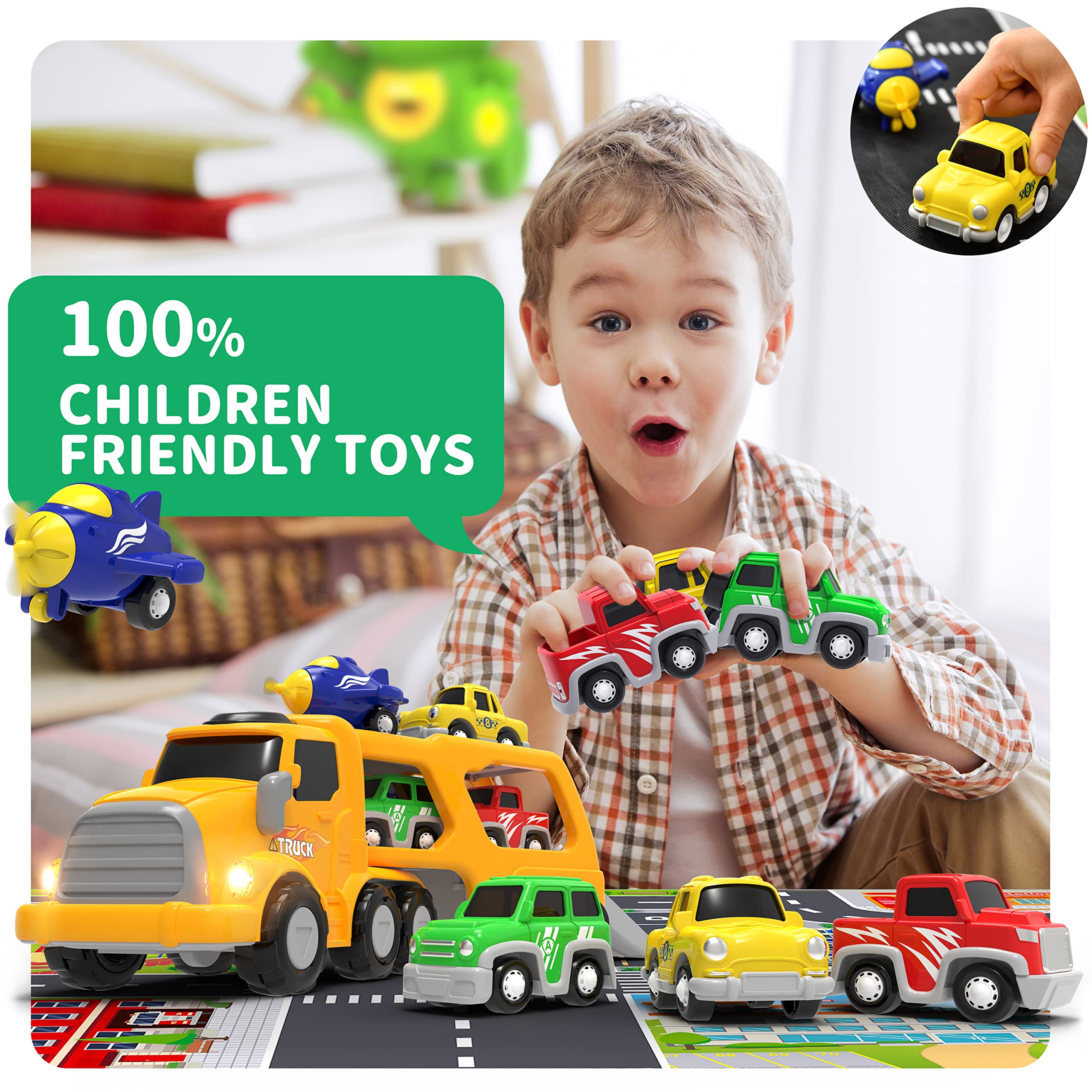 BELLOCHIDDO Toddler Toys Car for 2 3 4 5 6 Year Old Boys - STEM Educational Construction VehicleToys with Play Map - Transport Carrier Truck for Kids with Light Sound, Gift Car Toys for Toddlers 1-3