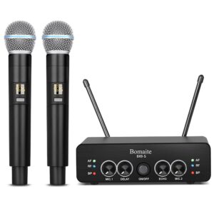 bomaite bx9-s uhf wireless microphone system， karaoke microphone wireless mic cordless dual with volume control and echo,dealy for karaoke singing speech meeting church dj party, 165ft