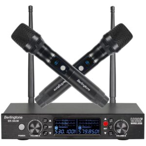 berlingtone br-58um uhf professional handheld wireless microphone systems, 120- adjustable frequency channel, metal mic/base, karaoke, dj, conference, church, meeting, weddings, up to 260ft range