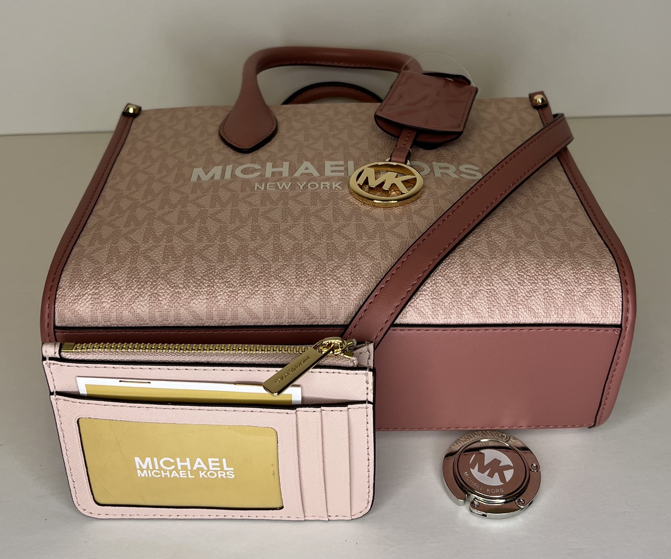 Michael Kors Mirella Small Shopper Top Zip Bag bundled SM TZ Coinpouch Purse Hook (Pink MK Signature)