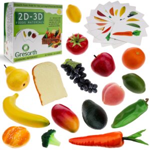 gresorth 32pcs fake fruits foods + cards play toy sets kids preschool learning education tool home kitchen decor with storage gift boxes for boys girls birthdays christmas new year party gift