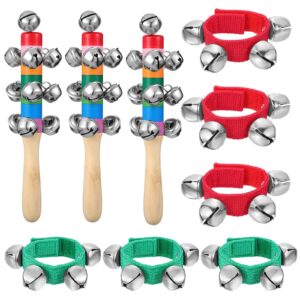 milisten 3 sets of christmas hand jingle bells and band wrist bells, hand bells ankle bells, wooden handle rainbow bells shaker rattles, hand percussion for christmas