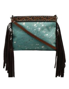 m & f western women's and metallic hair-on hide tooled leather fringe crossbody turquoise one size