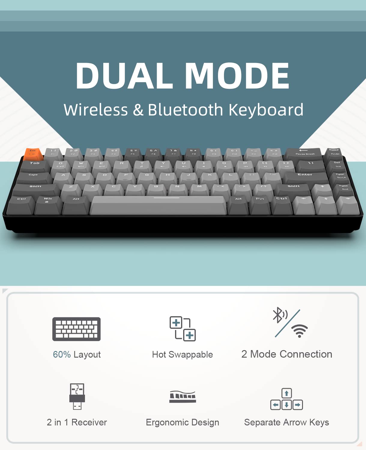 ZIYOU LANG RK68 60% Wireless Mechanical Keyboard,Bluetooth 5.0/2.4Ghz Dual Mode Receiver,Hot-Swappable Mini 68-Key,Retro Color Keycaps,Linear Red Switch,Ultra Power Saving for PC PS4 Xbox iPhone ipad