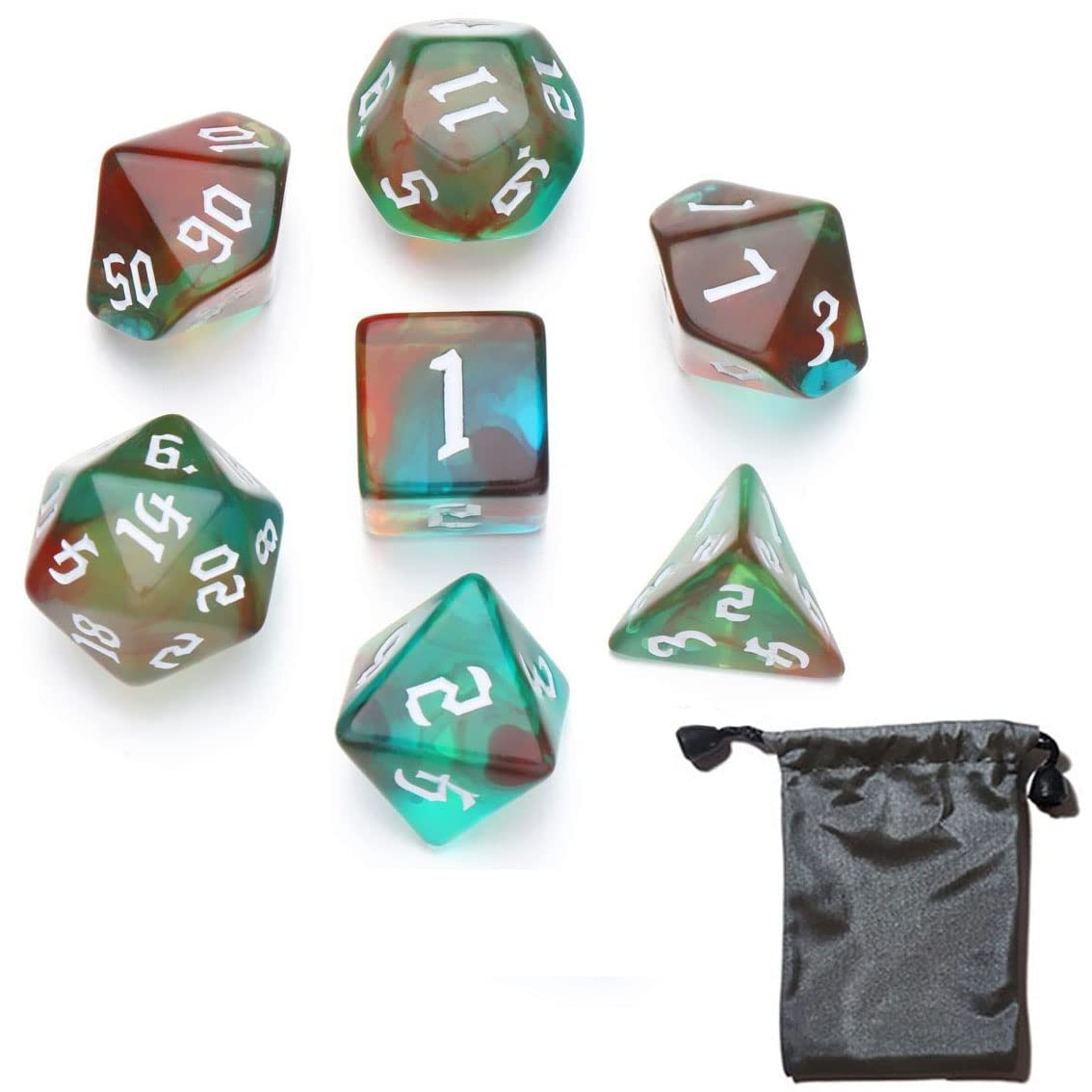 7pcs/Set D4 D6 D8 D10 D12 D20 Dichromatic Polyhedral Dices for Beginner Role Playing Game D&D Dice Set Party Table Board Game Supplies，with A Silver Pouch(Green)