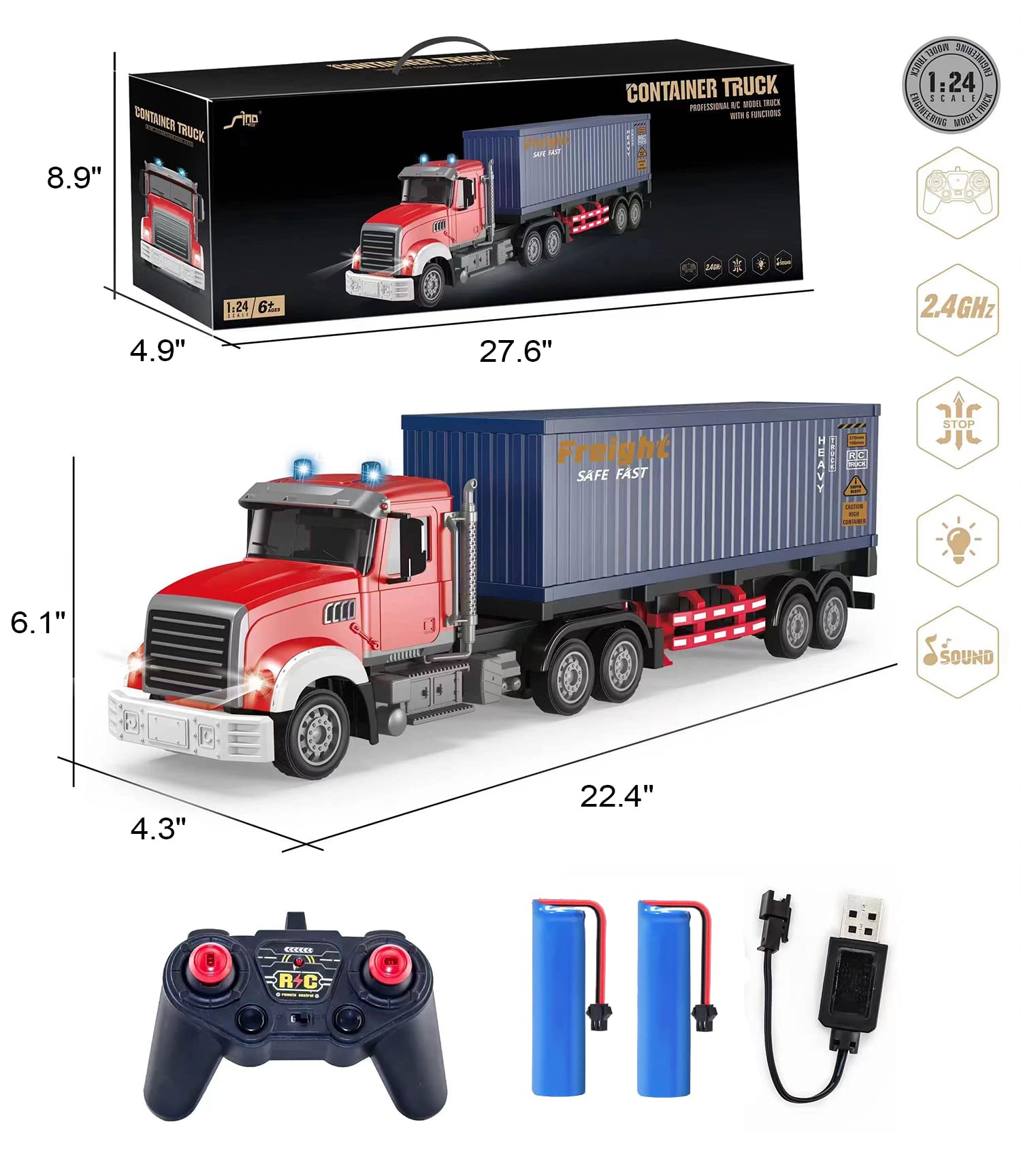 RC Semi Truck with Trailer - 22.5 Inch Semi Truck Toy for Kids, Carrier Van Transport Vehicle with 2 Rechargeable Batteries, 1:24 Container Truck with LED Lights & Music, Great Gift For Boys Girls