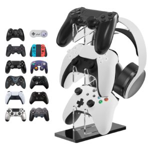 linkidea universal 3-tier controller stand and headset stand compatible with ps5, ps4, switch pro, xbox controllers gaming accessories crystal texture (white)